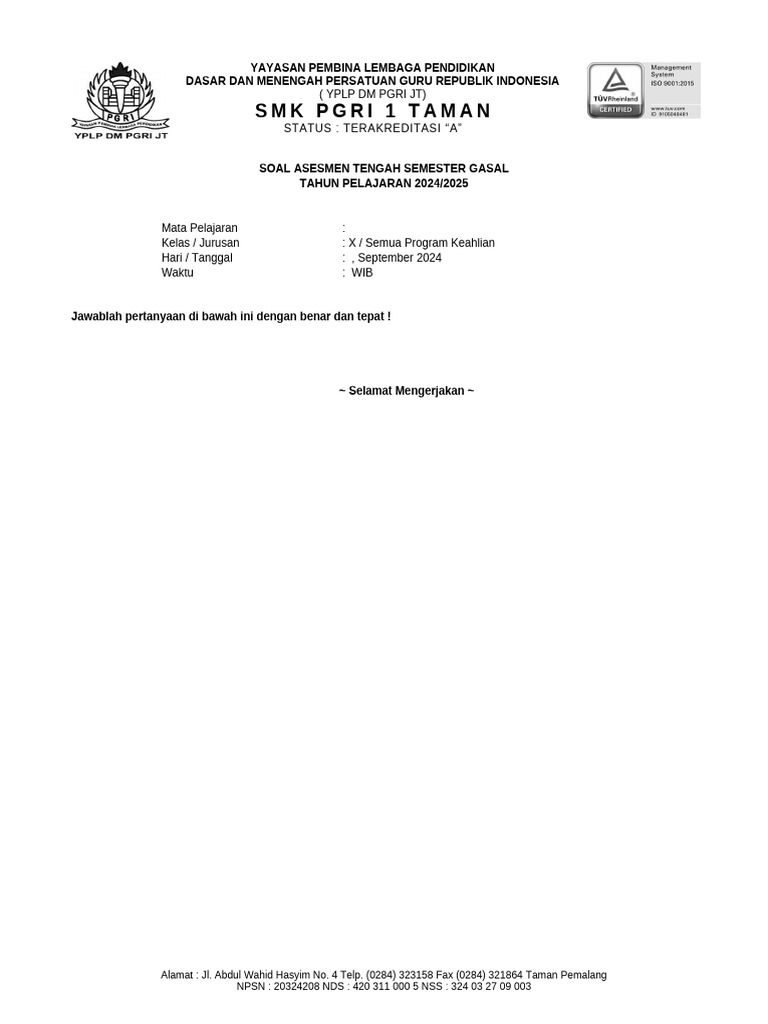 Format Lembar Soal ASTS KELAS X | PDF