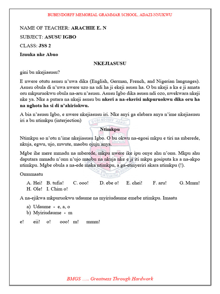 Asusu Igbo Jss 2 | PDF