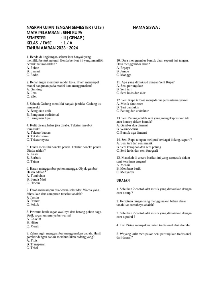 NASKAH UTS SENI RUPA BU ANA 2023-2024 (1) | PDF