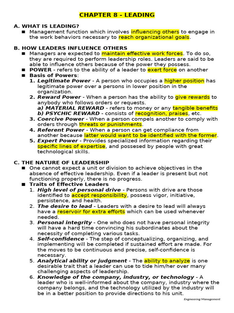 Chapter 8 - Leading Notes | PDF