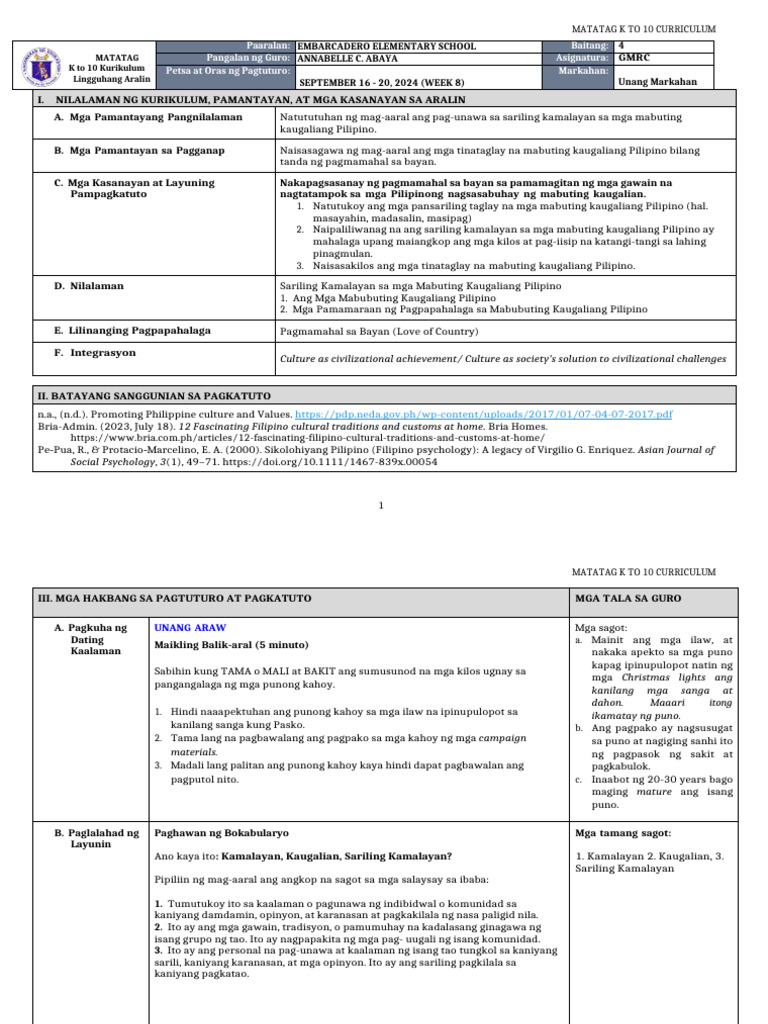 DLL Matatag - GMRC 4 Q1 W8 | PDF