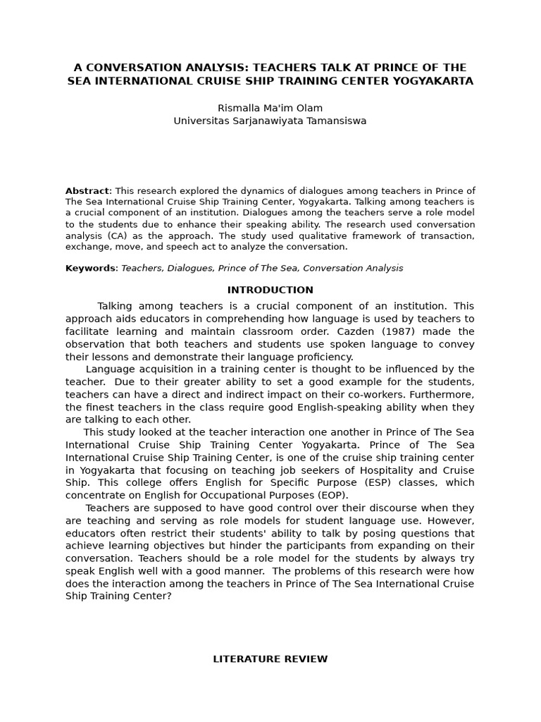 A Conversation Analysis: Teachers Talk at Prince of The Sea International Cruise Ship Training ...