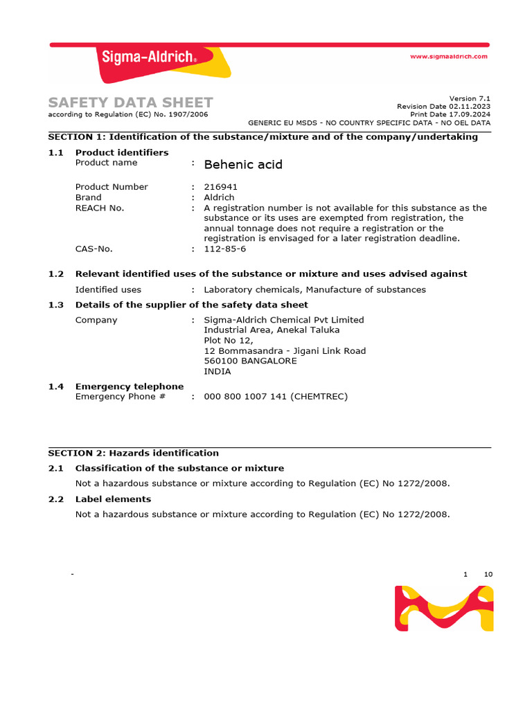 Behenic Acid Safety Data Sigma Alrich (Acute & Sub Acute) | PDF