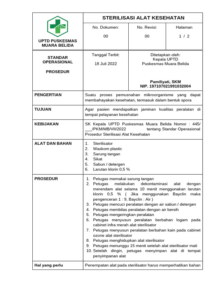 SOP STERILISASI ALAT KESEHATAN | PDF