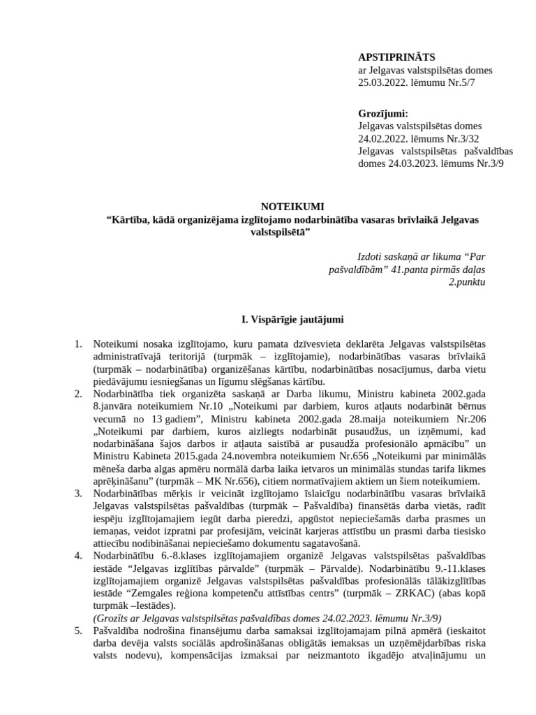 Izglītojamo Nodarbinātātibas Noteikumi | PDF