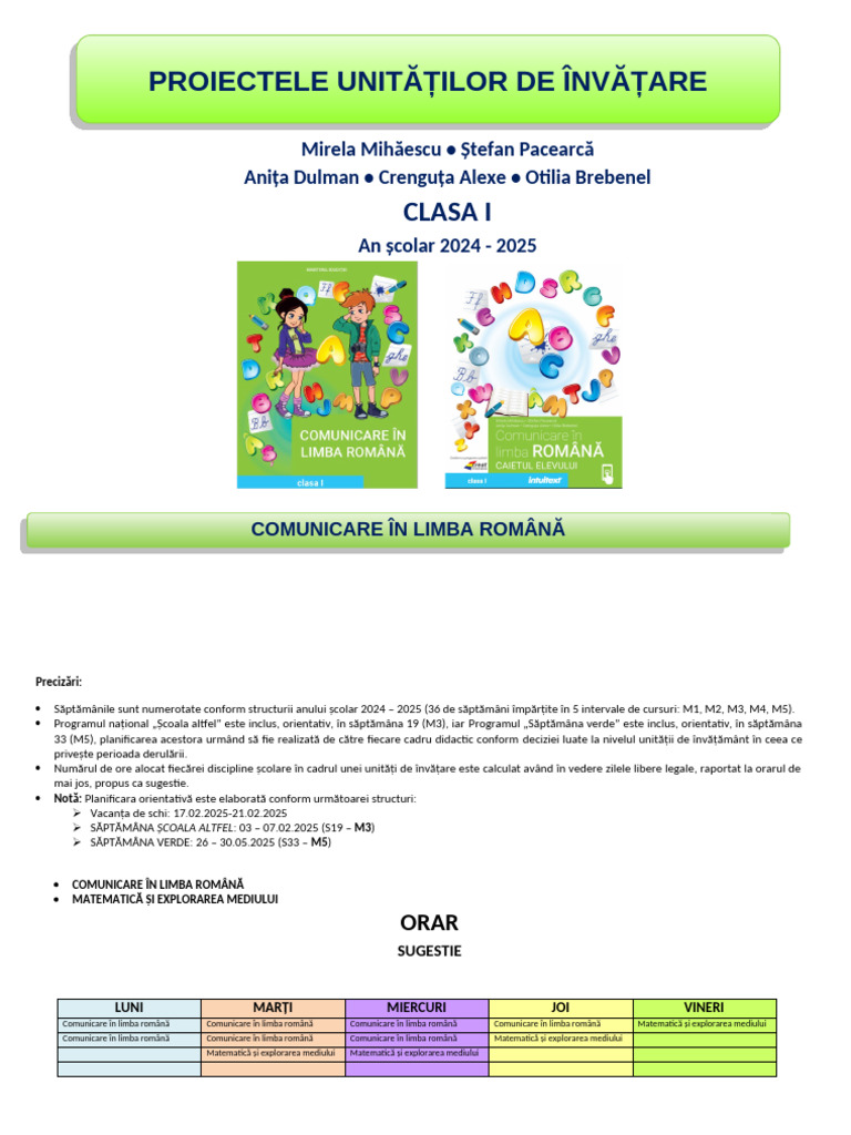INTUITEXT Cls 01 2024-2025 CLR Proiectele Unitatilor de Invatare | PDF
