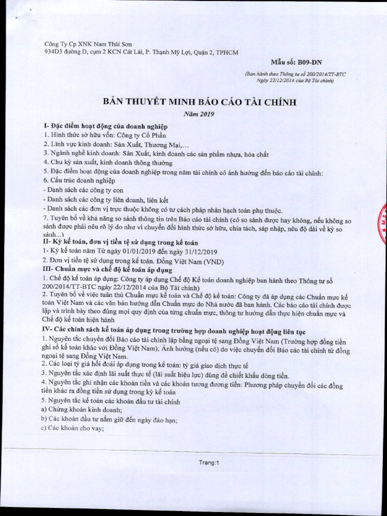 Thuyet Minh BCTC 1 | PDF