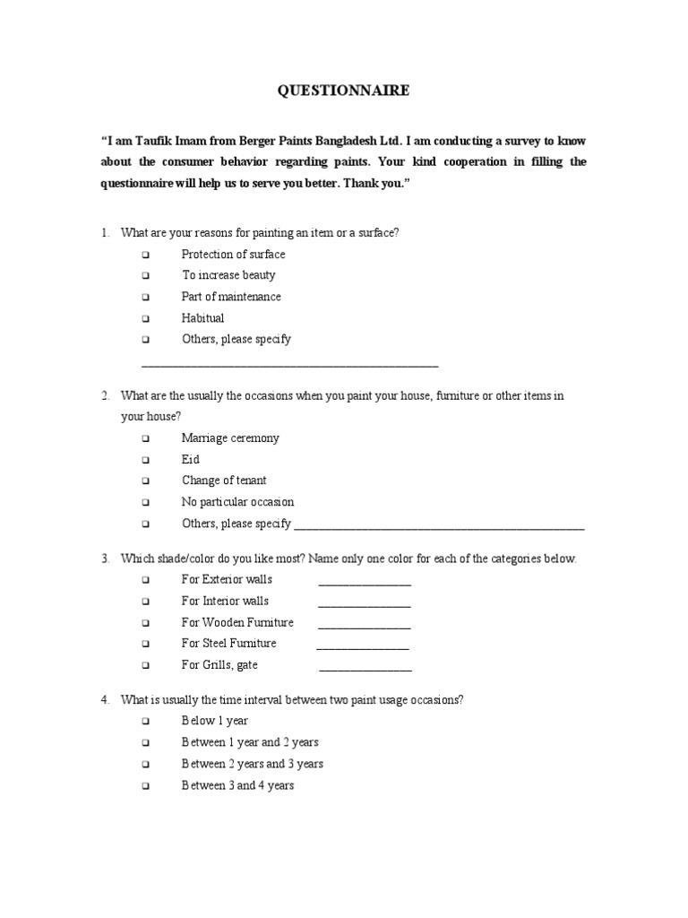 Questionnaire | PDF | Paint | Business