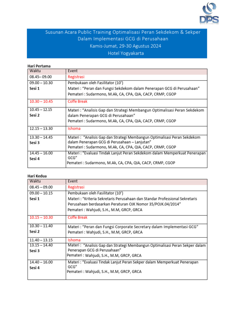 Rundown Acara Training Optimalisasi Peran Sekdekom & Sekper | PDF
