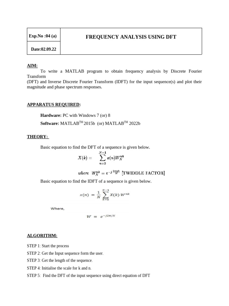 Frequency Analysis Using DFT: Exp - No:04 (A) | PDF