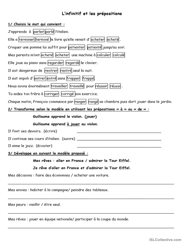 L'infinitif Et Les Prépositions | PDF