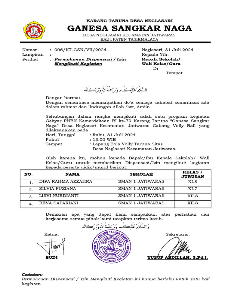 Surat Dispensasi Izin Sekolah Volly-Dipa DKK | PDF