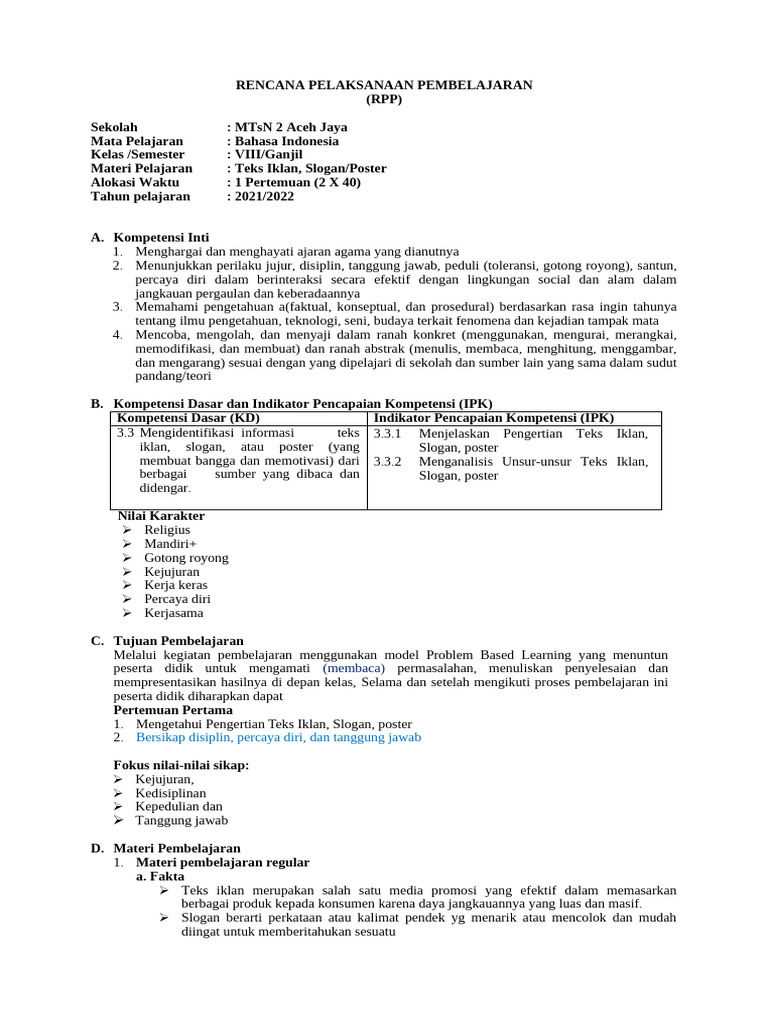 RPP B.indonesia Rohana NST KLS Viii Upload | PDF