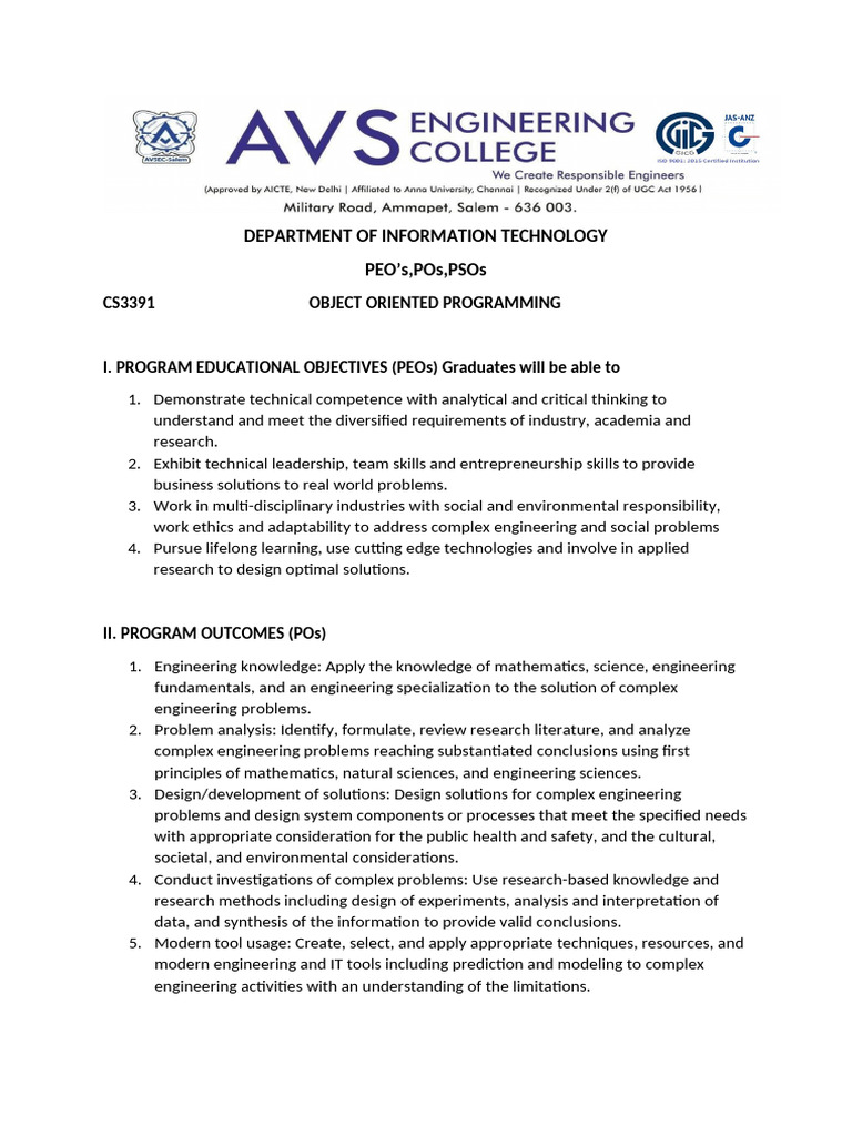 CS3391 OBJECT ORIENTED PROGRAMMING PEOs, POs, PSOs | PDF