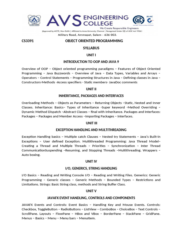 CS3391 Object Oriented Programming Syllabus | PDF CS3391 Object Oriented Programming Syllabus | PDF