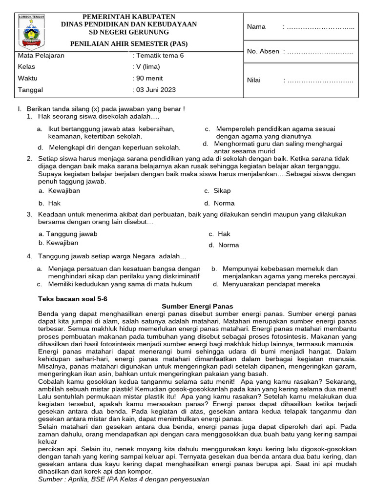 Soal PAS TEMA 6 Kelas 5 SMT 2 | PDF
