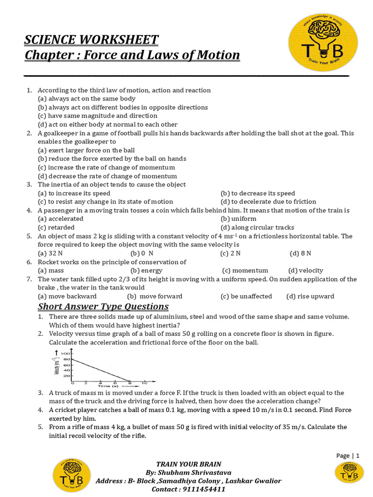 Force and Laws of Motion Worksheet | PDF