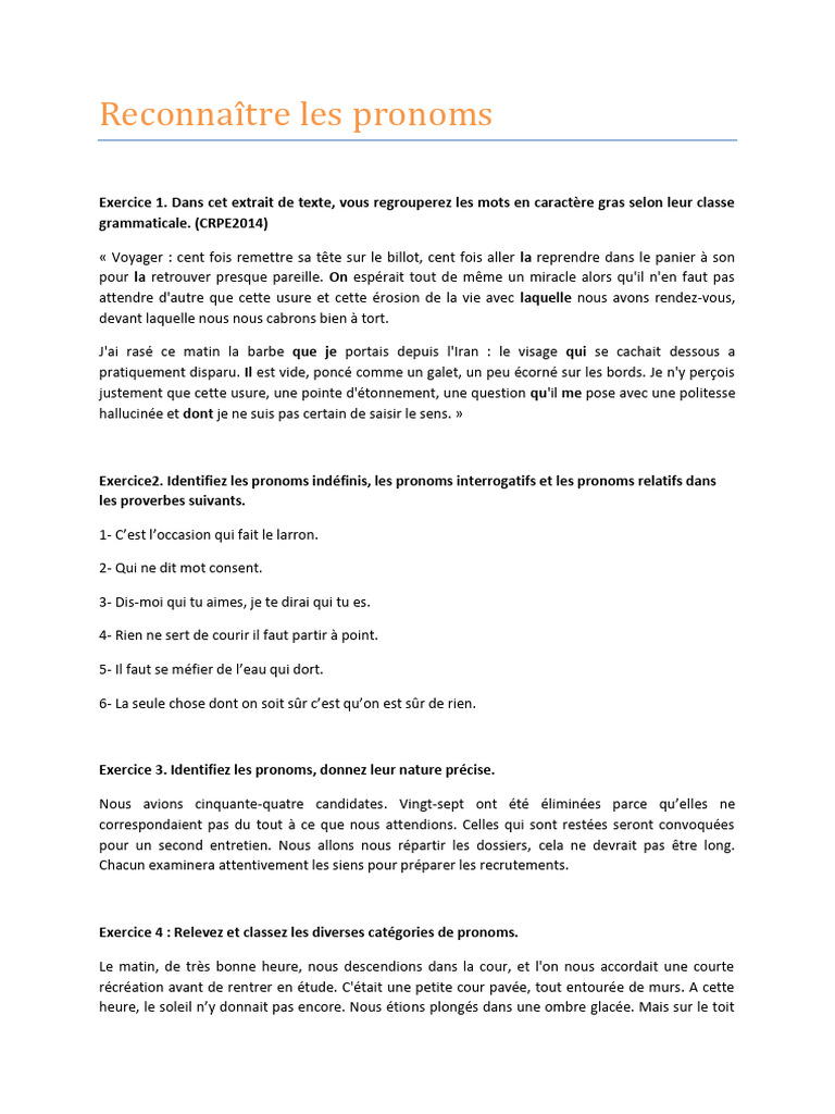 Reconnaître Les Pronoms Complet-1 | PDF