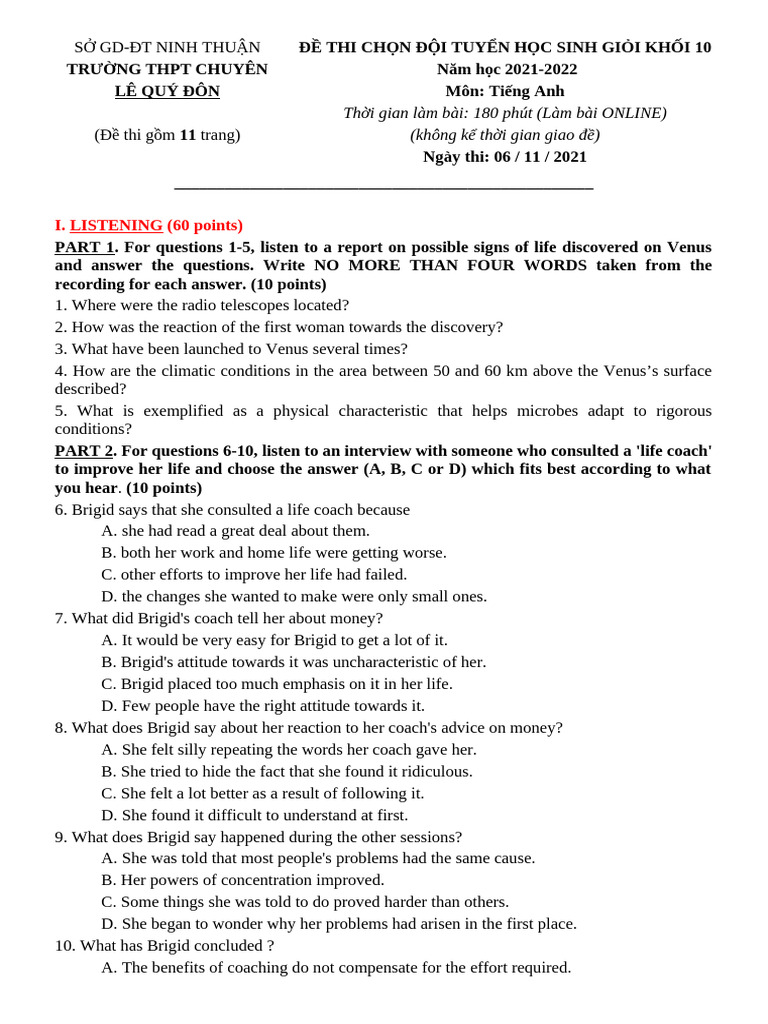 De Thi Chon HSG Khoi 10 (2021-2022) | PDF