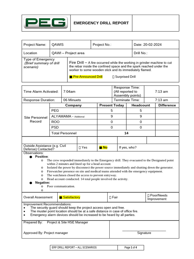 20-02-2024- QAWI - Fire Drill - PEG-Project area | PDF