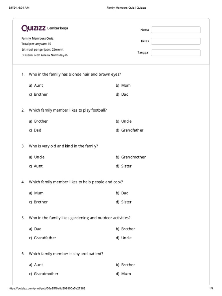 Family Members Quiz _ Quizizz | PDF