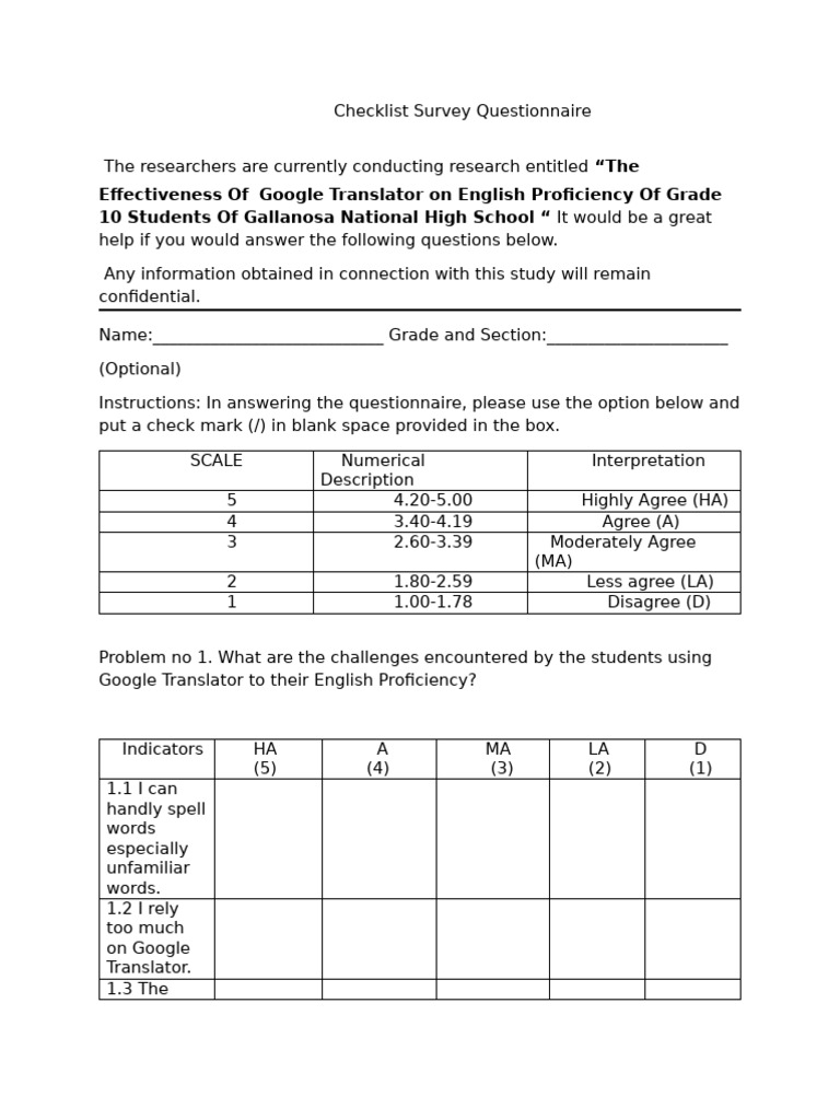 Final Checklists Survey Questionnaire | PDF
