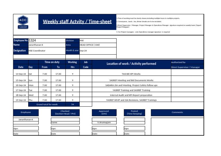 Weekly Staff Actvity Time Sheet | PDF