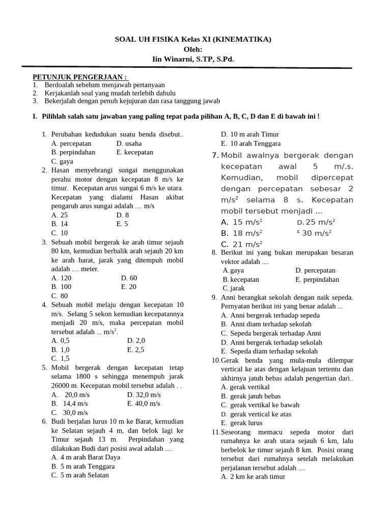 Soal Uh KLS Xi (Kinematika) | PDF