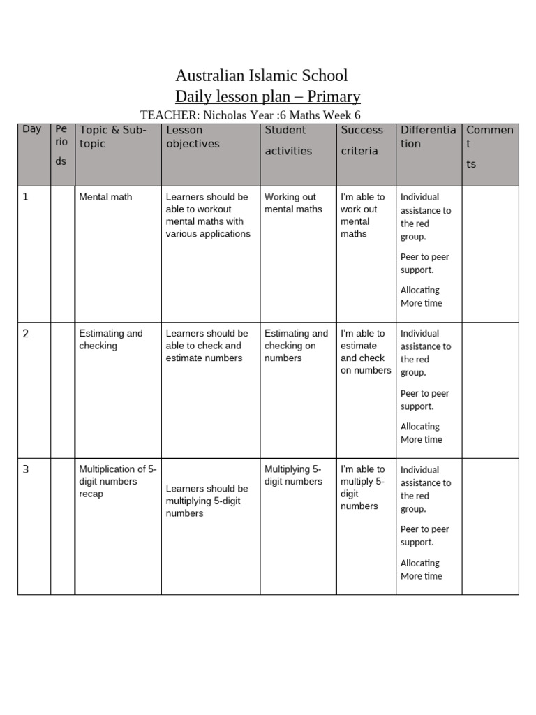 Week 6 Year 6 Maths Lesson Plan | PDF | Mathematics | Science