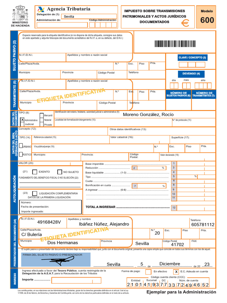 Mod. 600 - Impuesto Sobre Transmisiones Patrimoniales y Actos Jurídicos Documentados | PDF