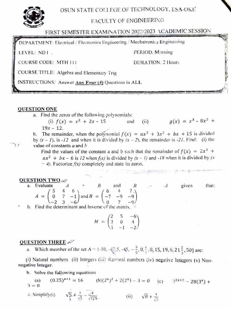 Algebra and Elementary Past Questions 2023ND1 | PDF