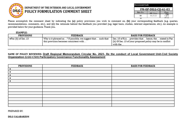 FM QP DILG CO 41 03 Policy Formulation Comment Sheet | PDF