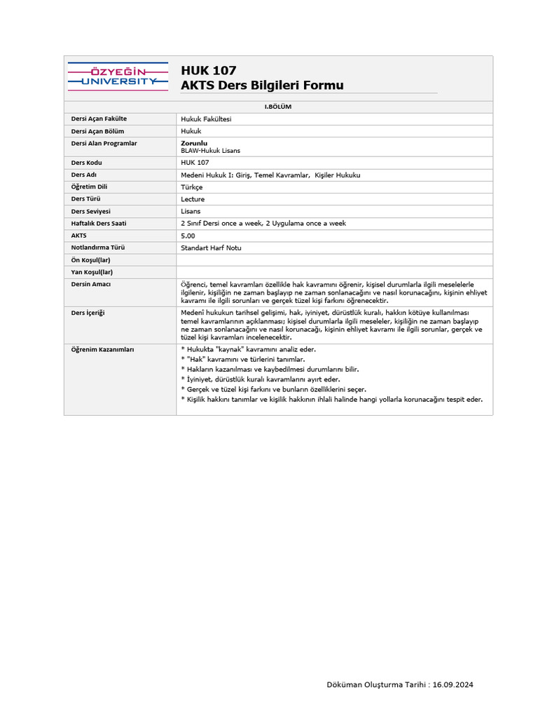 AKTS Ders Bilgileri | PDF