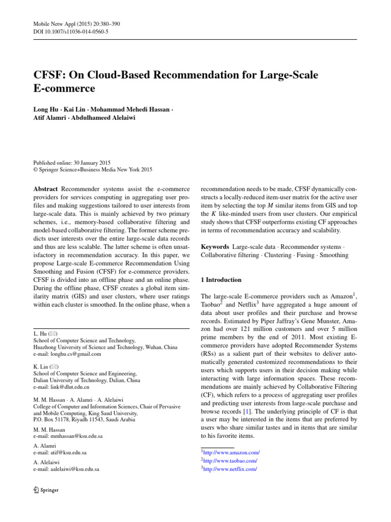 CFSF On Cloud-Based Recommendation For Large-Scale 15 | PDF