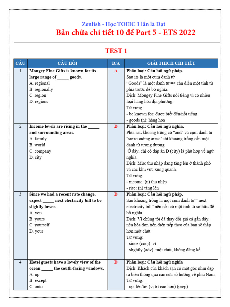 Bản Chữa 10 Đề Part 5 - Ets 2022 | PDF