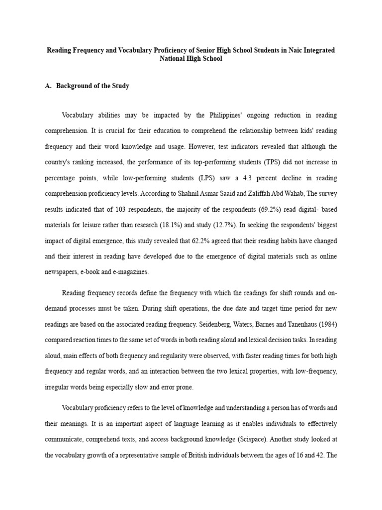Reading Frequency and Vocabulary Proficiency of Senior High School ...