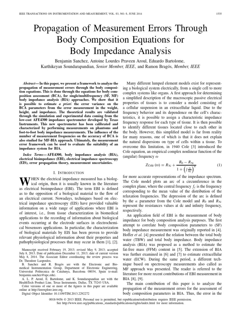 Propagation of Measurement Errors Through Body Composition Equations | PDF | Electrical ...