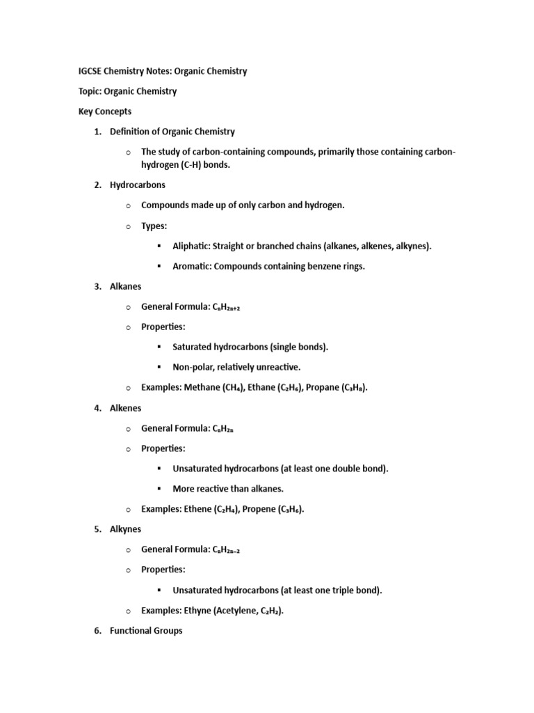 IGCSE Organic Chemistry Notes | PDF | Alkene | Alkane