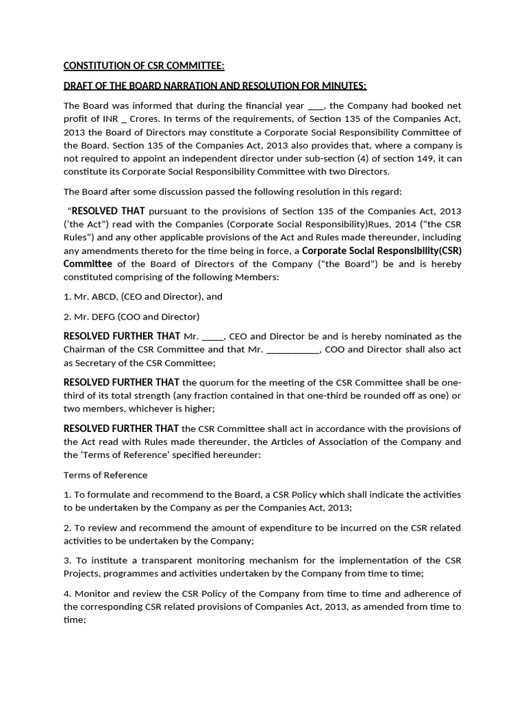 Draft Note On Constitutionof CSR Committee | PDF