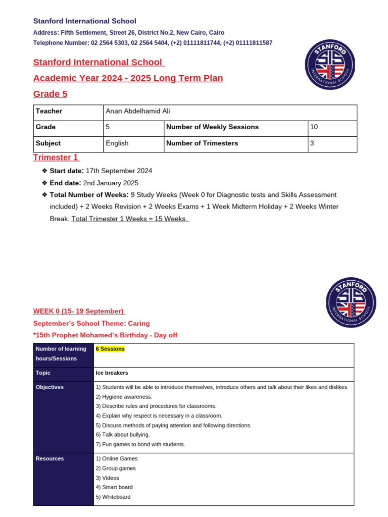 Long Term Plan - Grade 5 - Academic Year 2024-2025 | PDF