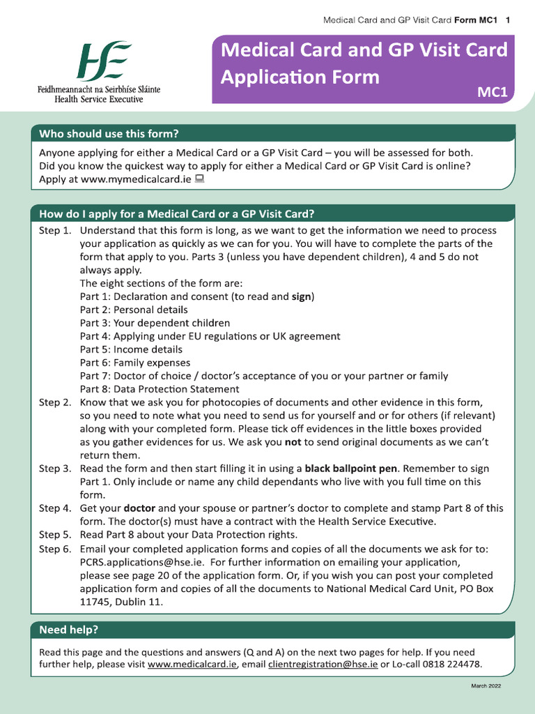 Medical Card Application Form - English | PDF