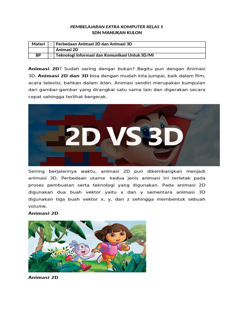 PEMBELAJARAN EXTRA KOMPUTER KELAS 5 Perbedaan Animasi 2D Dan Animasi 3D | PDF