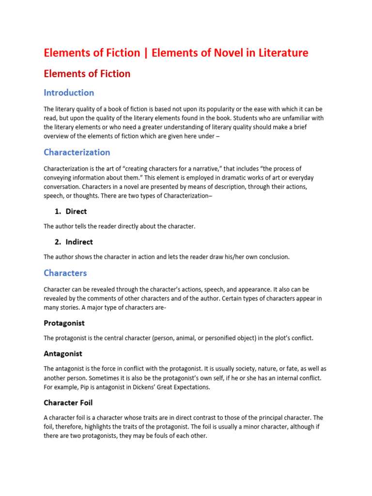 Elements of Fiction Elements of Novel in Literature | PDF