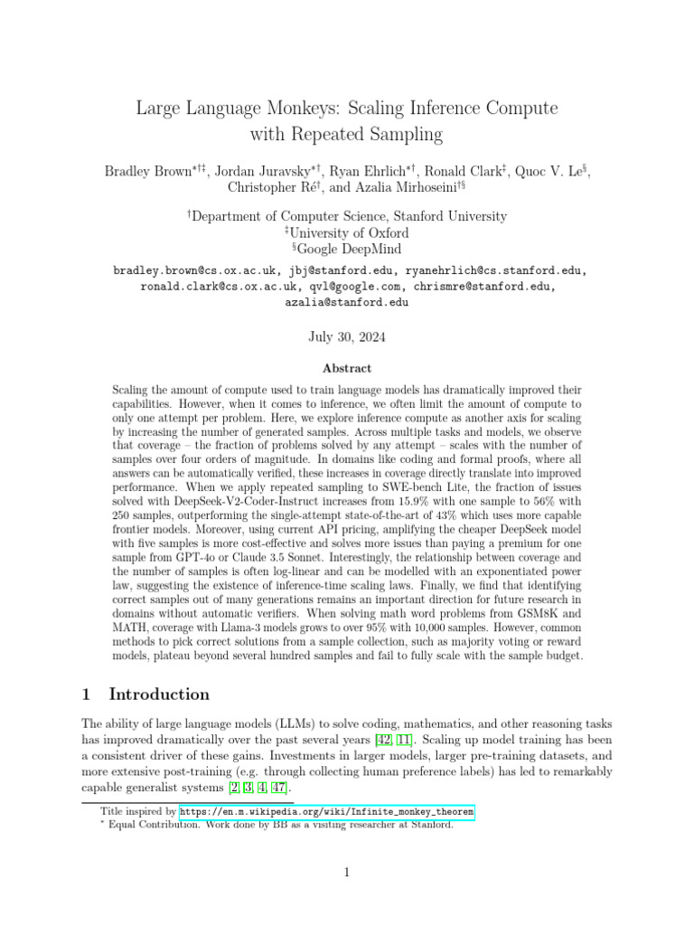 Large Language Monkeys: Scaling Inference Compute With Repeated Sampling | PDF