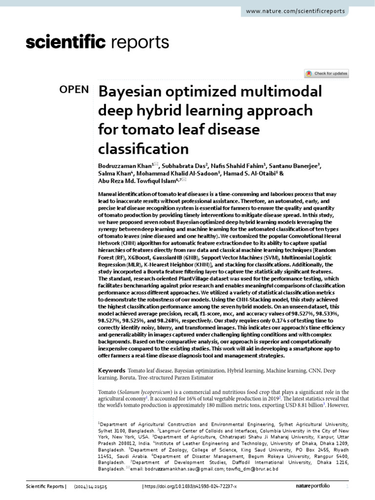 Bayesian Optimized Multimodal Deep Hybrid Learning Approach For Tomato Leaf Disease ...