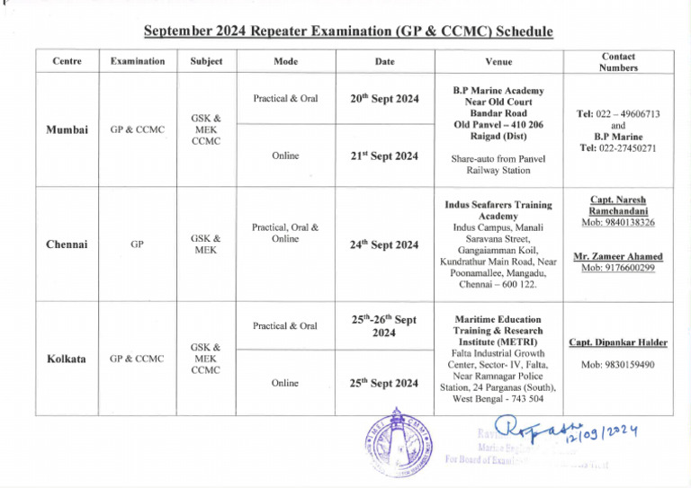 September 2024 GP CCMC Repeater Exam Schedule | PDF