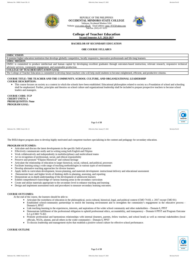 Syllabus - The Teacher and The Community - SCH Culture Organizational ...