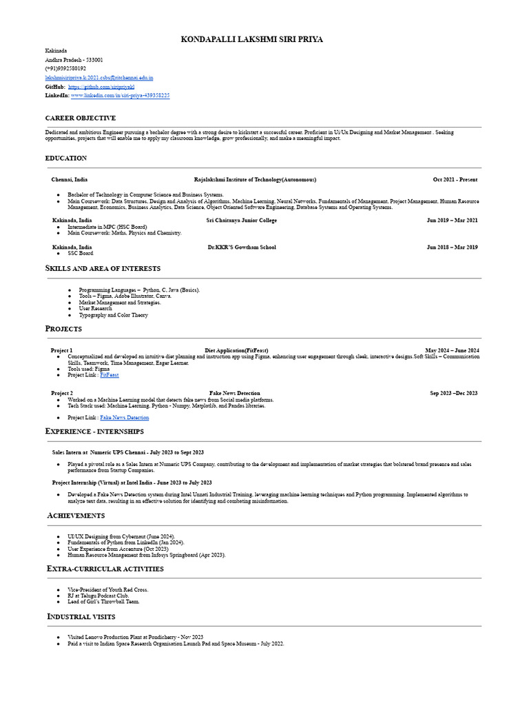 Siri Priya K L - Resume | PDF