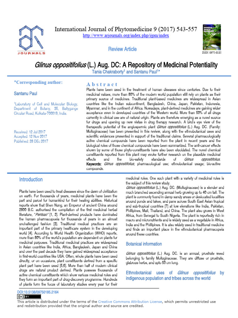 Glinus Oppositifolius L Aug DC A Repository of Med | PDF