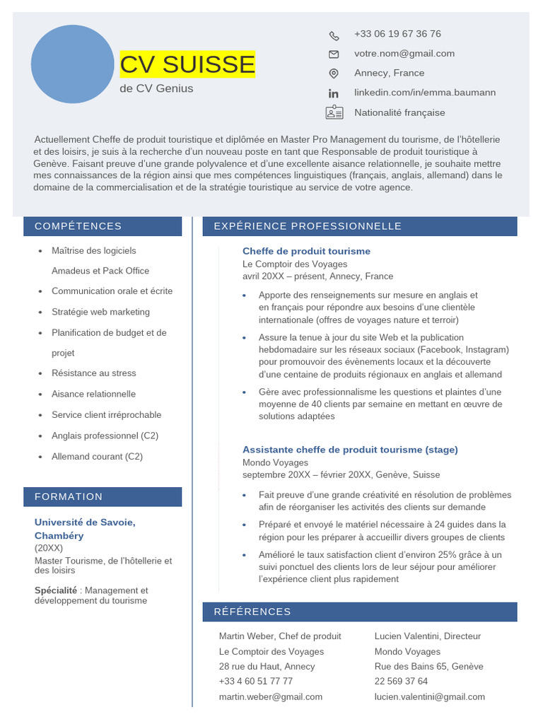 Modèle de CV Suisse pour Tourisme | PDF | Tourisme | Évolution de carrière